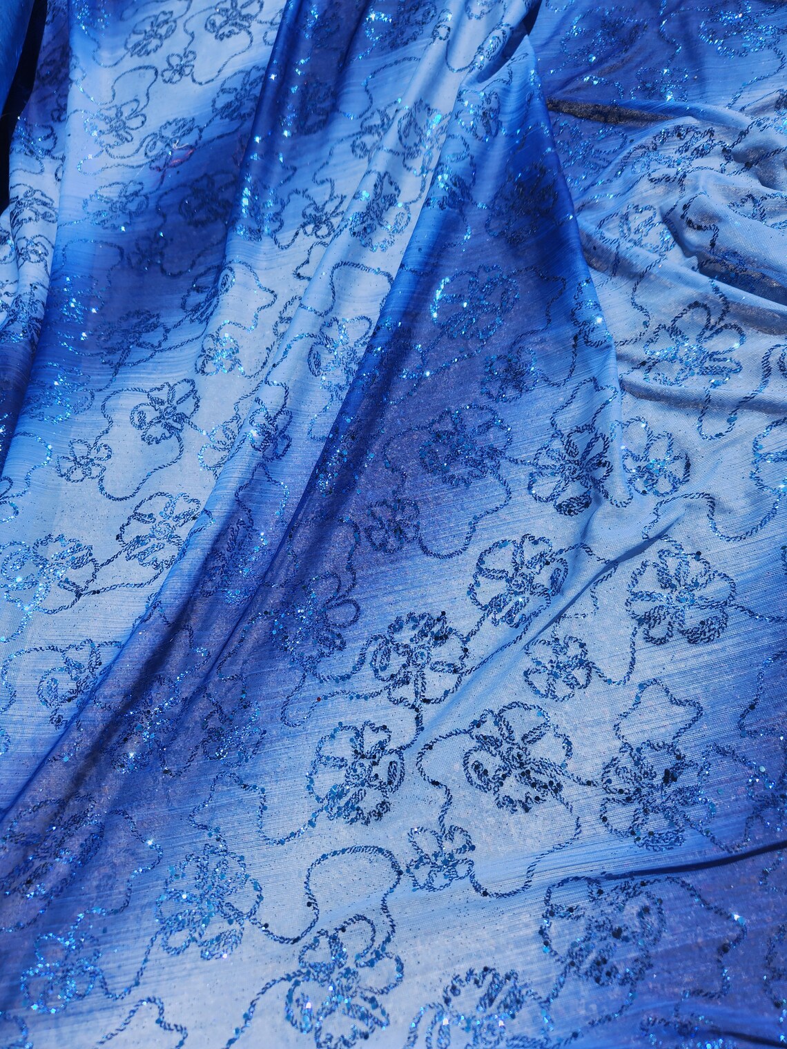 Sheer Blue Glitter Fabric, Blue Floral Glitter Fabric, Sheer Glitter Fabric, Blue Mesh Fabric ...