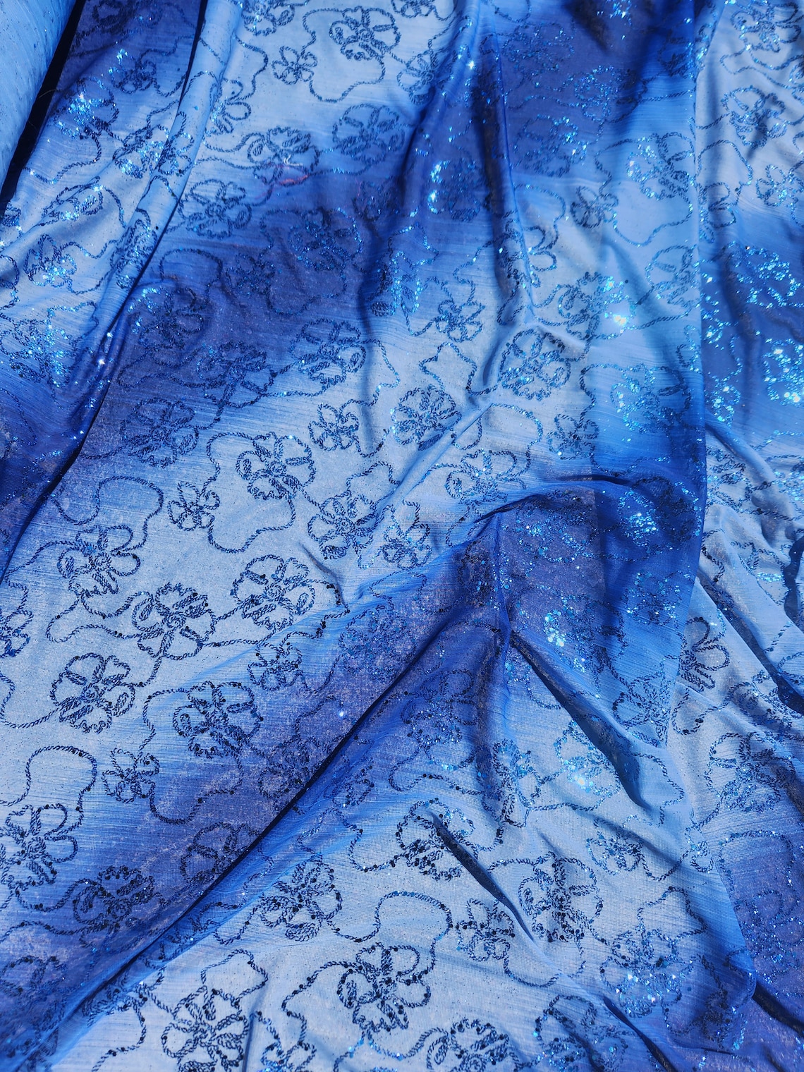 Sheer Blue Glitter Fabric, Blue Floral Glitter Fabric, Sheer Glitter ...