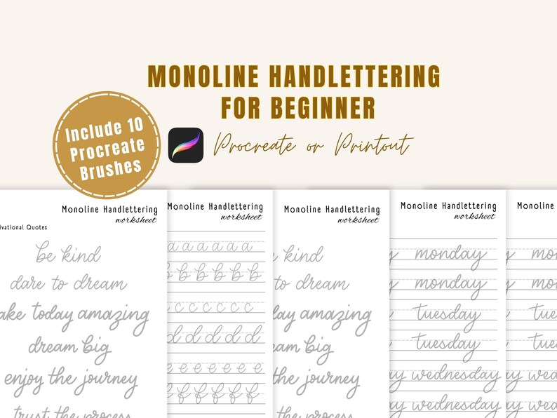 Monoline Handlettering Worksheet for Beginners: Procreate Practice ...