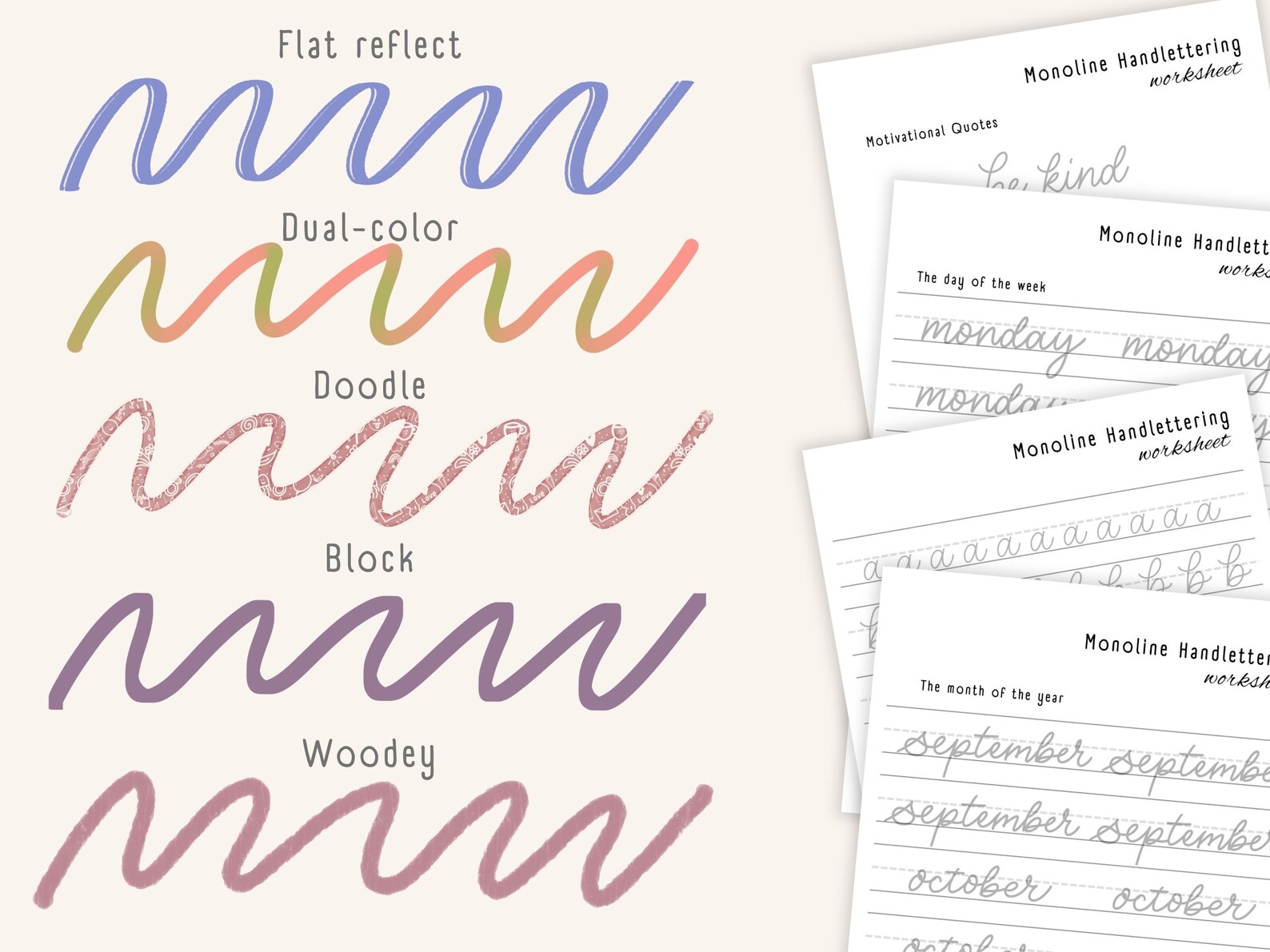 Monoline Handlettering Worksheet for Beginner Printable Lettering ...