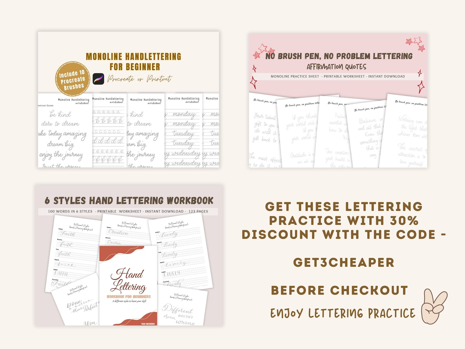 Monoline Handlettering Worksheet for Beginner Printable Lettering ...