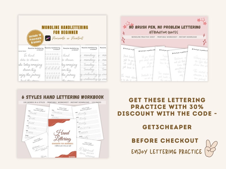 Monoline Handlettering Worksheet for Beginner Printable Lettering ...