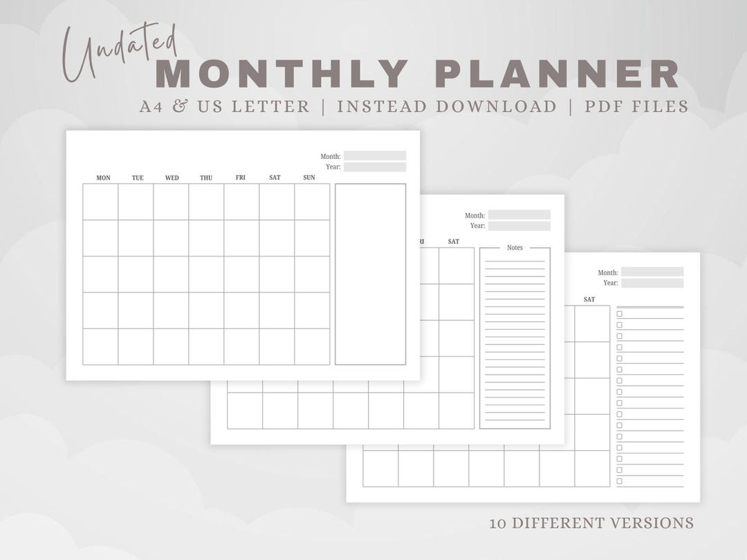 Undated Monthly Calendar Planner Minimalist Digital Download Printable ...