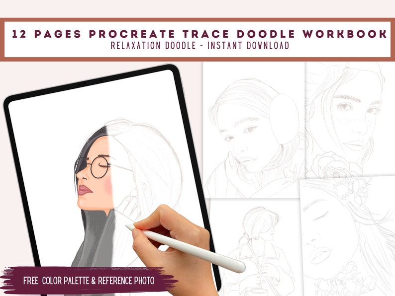 Procreate Portrait Coloring Worksheet: Woman's Face Trace Practice (PDF ...