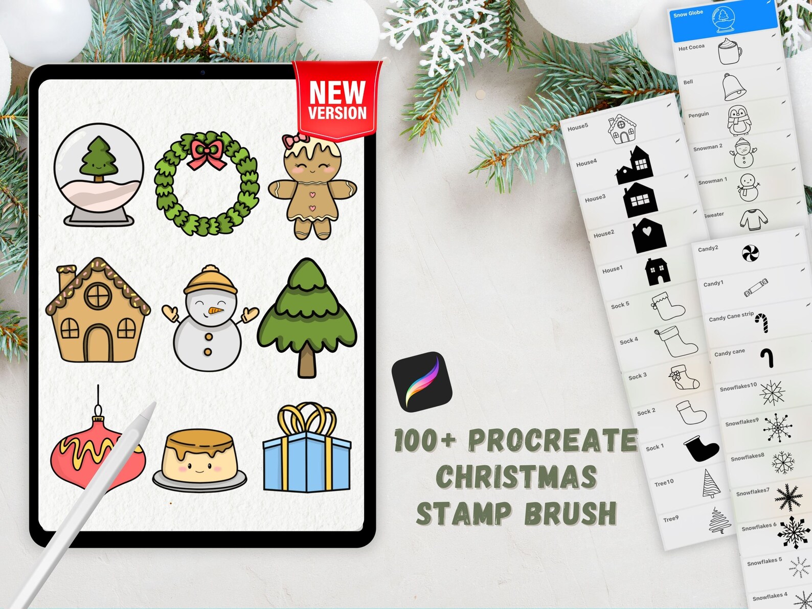 100+ Christmas Procreate Stamps Brush Set: Kawaii Digital Stamps (2024 ...
