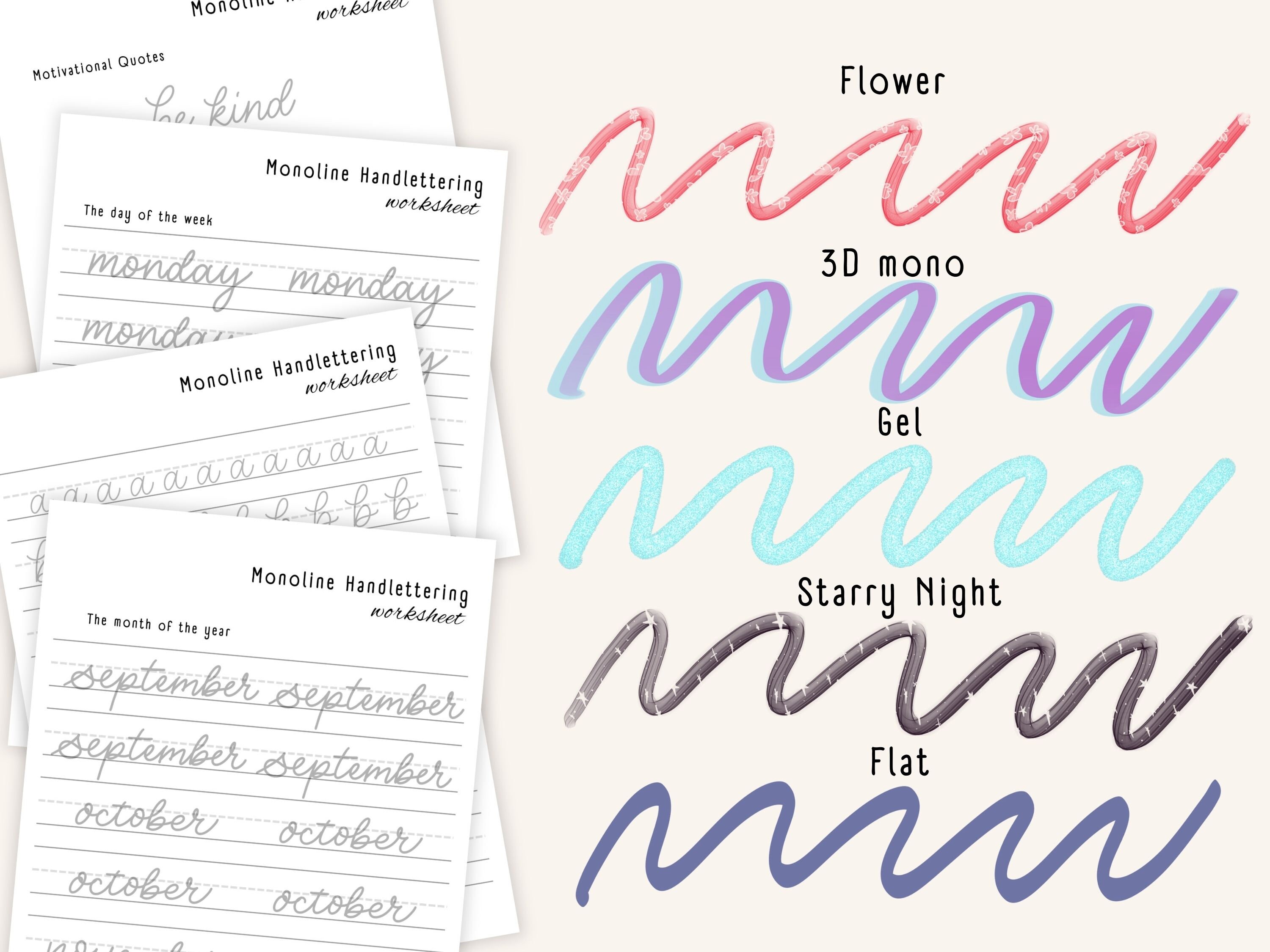 Monoline Handlettering Worksheet for Beginner Printable Lettering ...