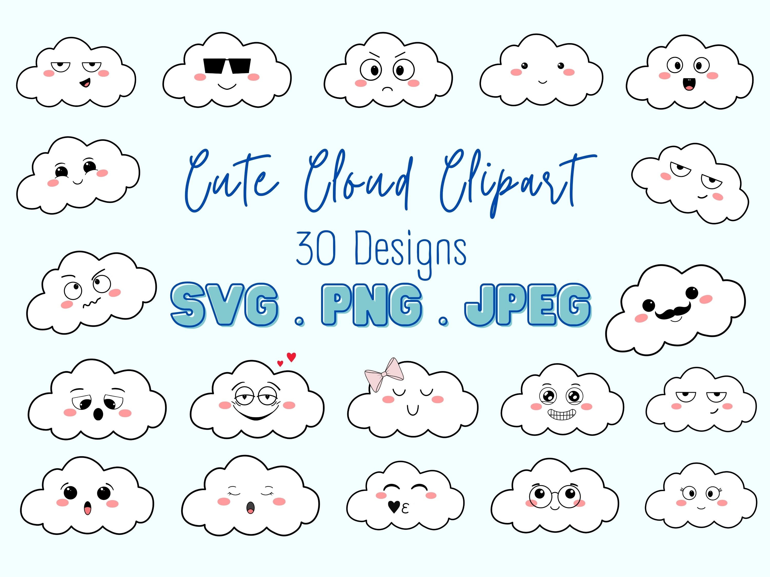 30 Kawaii Cloud Clipart PNG Cute Cloud Expression SVG Clipart Cute ...