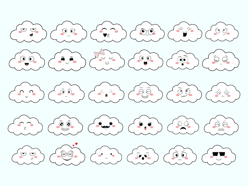 30 Kawaii Cloud Clipart PNG Cute Cloud Expression SVG Clipart Cute ...