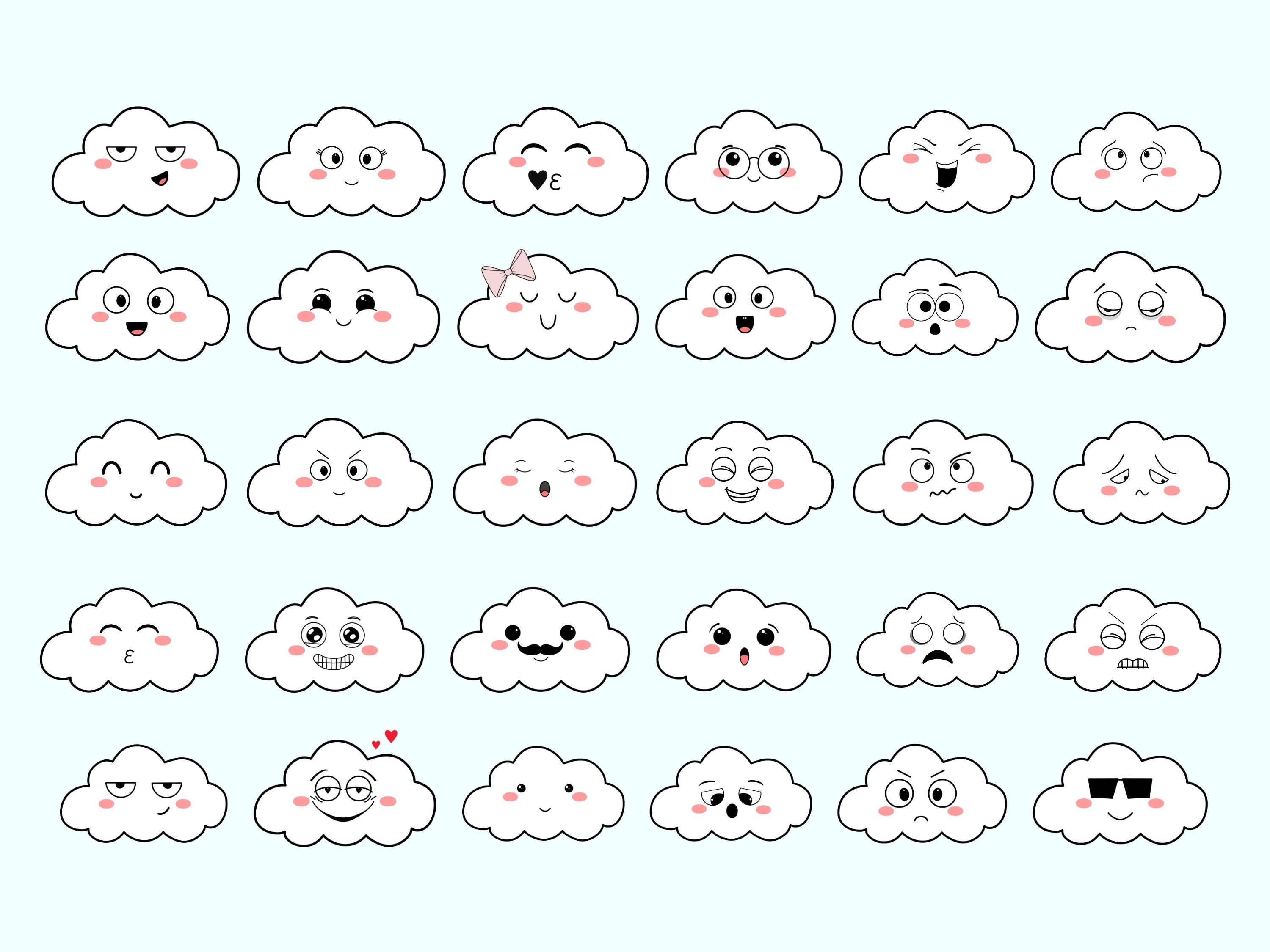 30 Kawaii Cloud Clipart PNG Cute Cloud Expression SVG Clipart Cute ...