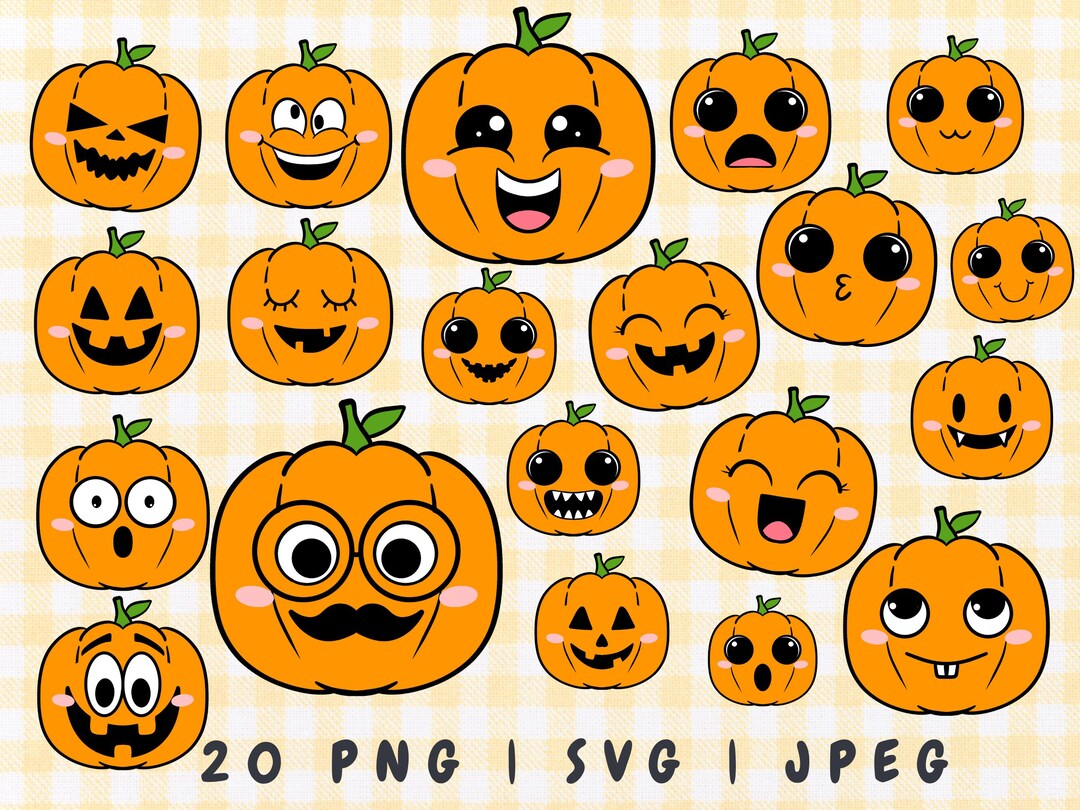 Cute Halloween Clipart Pumpkin Faces SVG Kawaii Pumpkin Png Clipart ...
