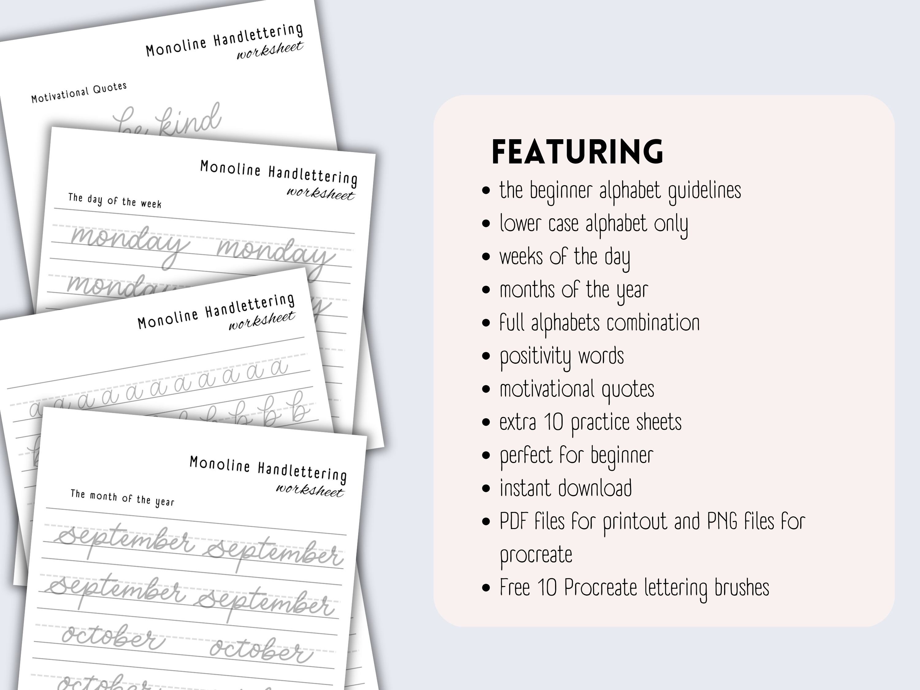 Monoline Handlettering Worksheet for Beginner Printable Handlettering ...