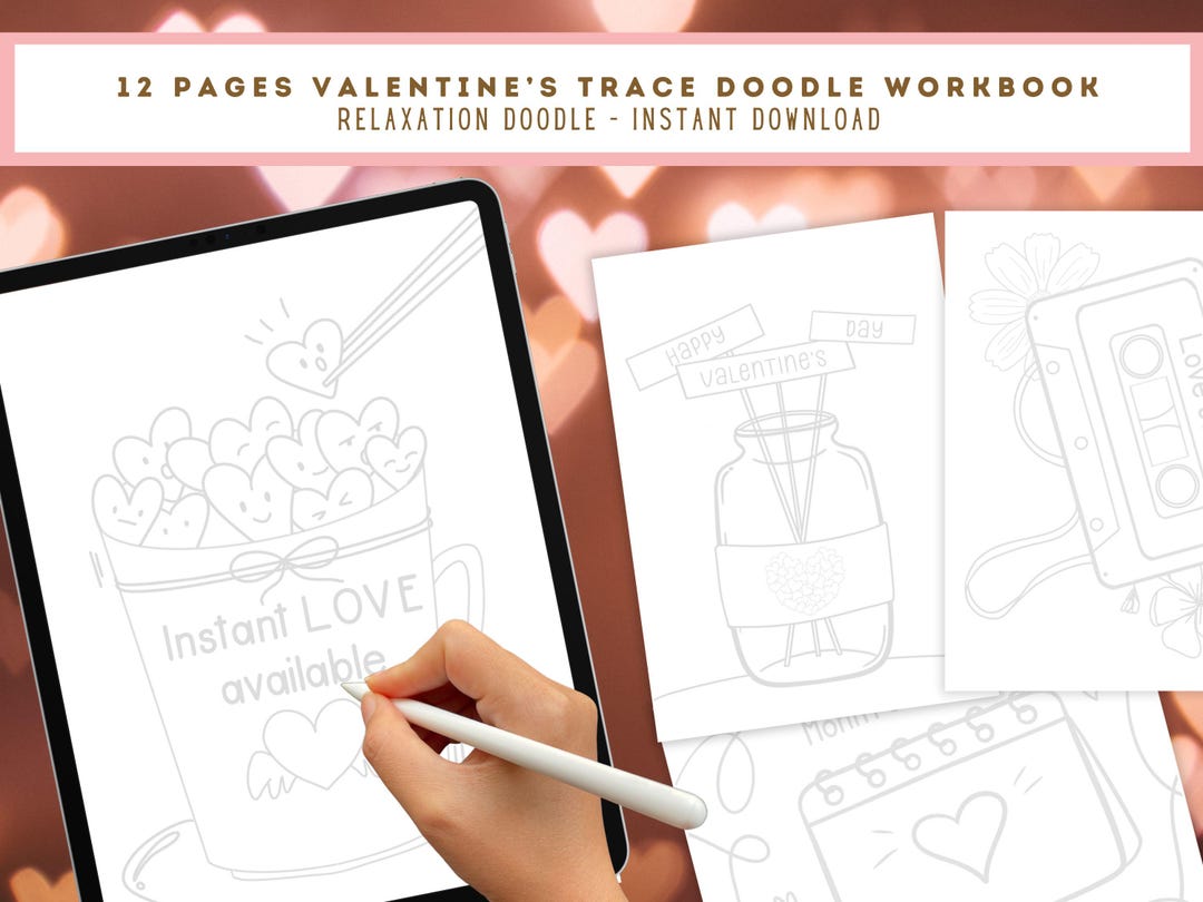 Valentine's Day Doodle Tracing Worksheet: Procreate, Kindle (PDF, PNG ...