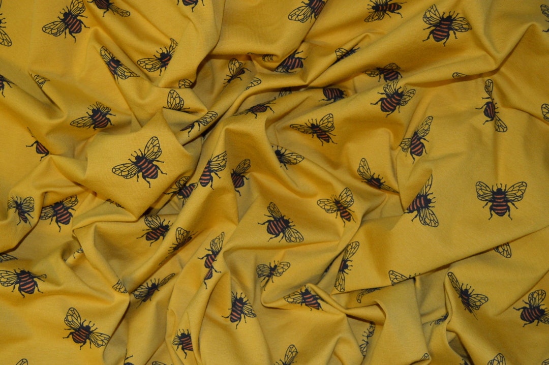 Bee Print on Gold Mustard Single Jersey Fabric Stretch T-shirt Weight ...