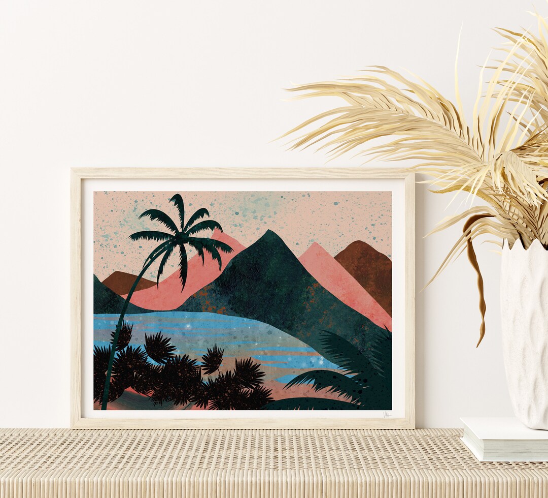 Retro Landscape Art, Mountain Landscape Print, Tropical Landscape Art ...