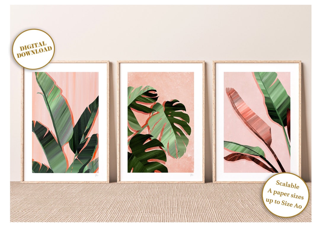 Tropical Leaf Set of Three Printable Art, Banana Leaves and Monstera ...