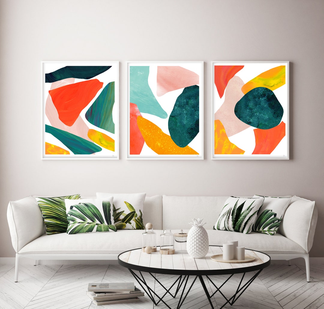 Large Abstract Print Set, Green Orange Wall Art , Set of 3 Abstract ...