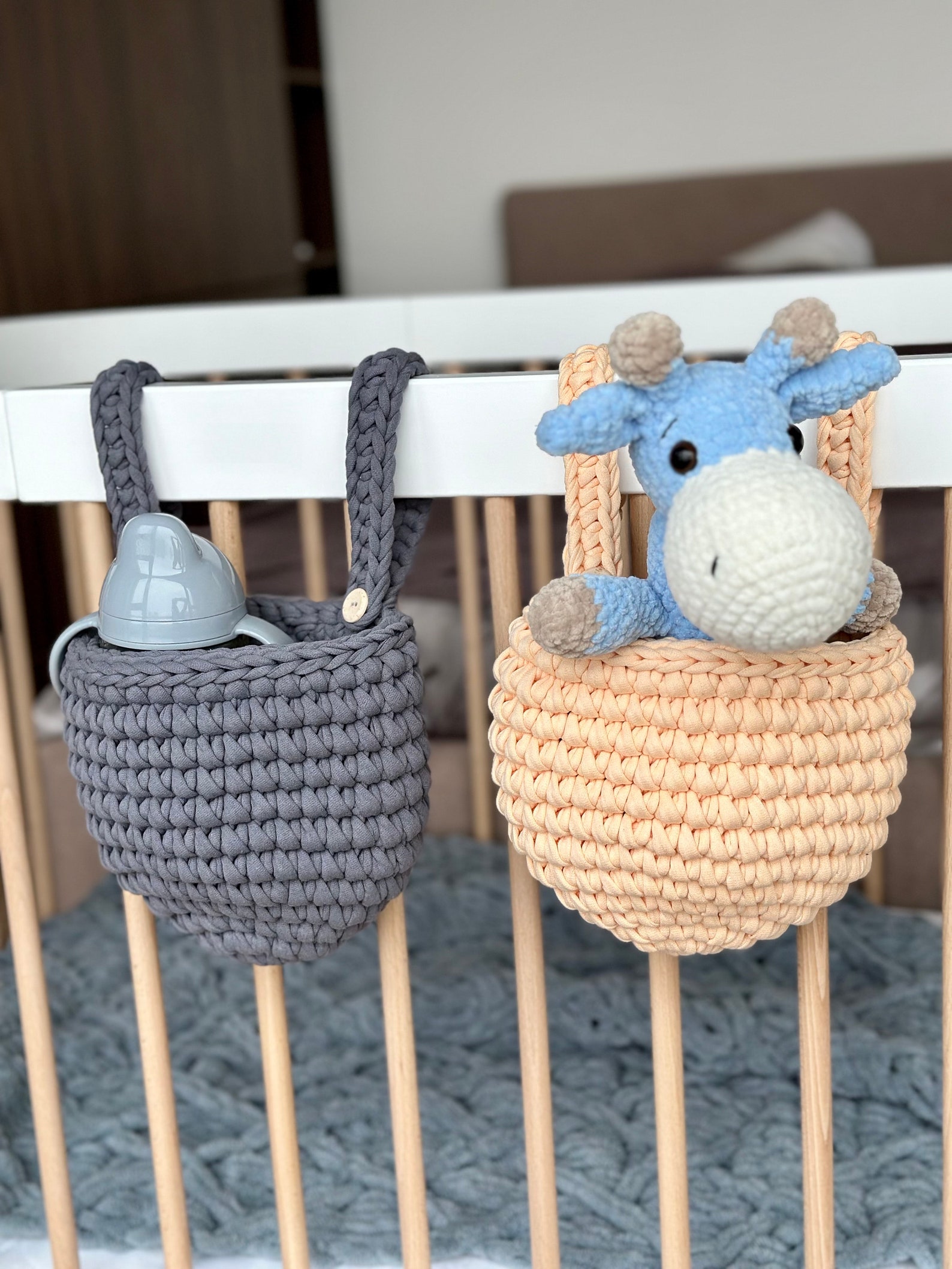 Crib Pocket Organizer, Toy Storage Bag, Crochet Hanging Basket, Hanging ...