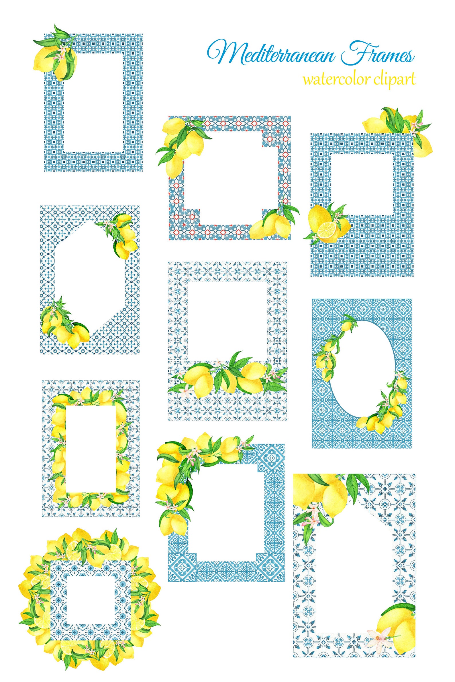 Watercolor Mediterranean Tiles Frame With Lemons. Wedding - Etsy