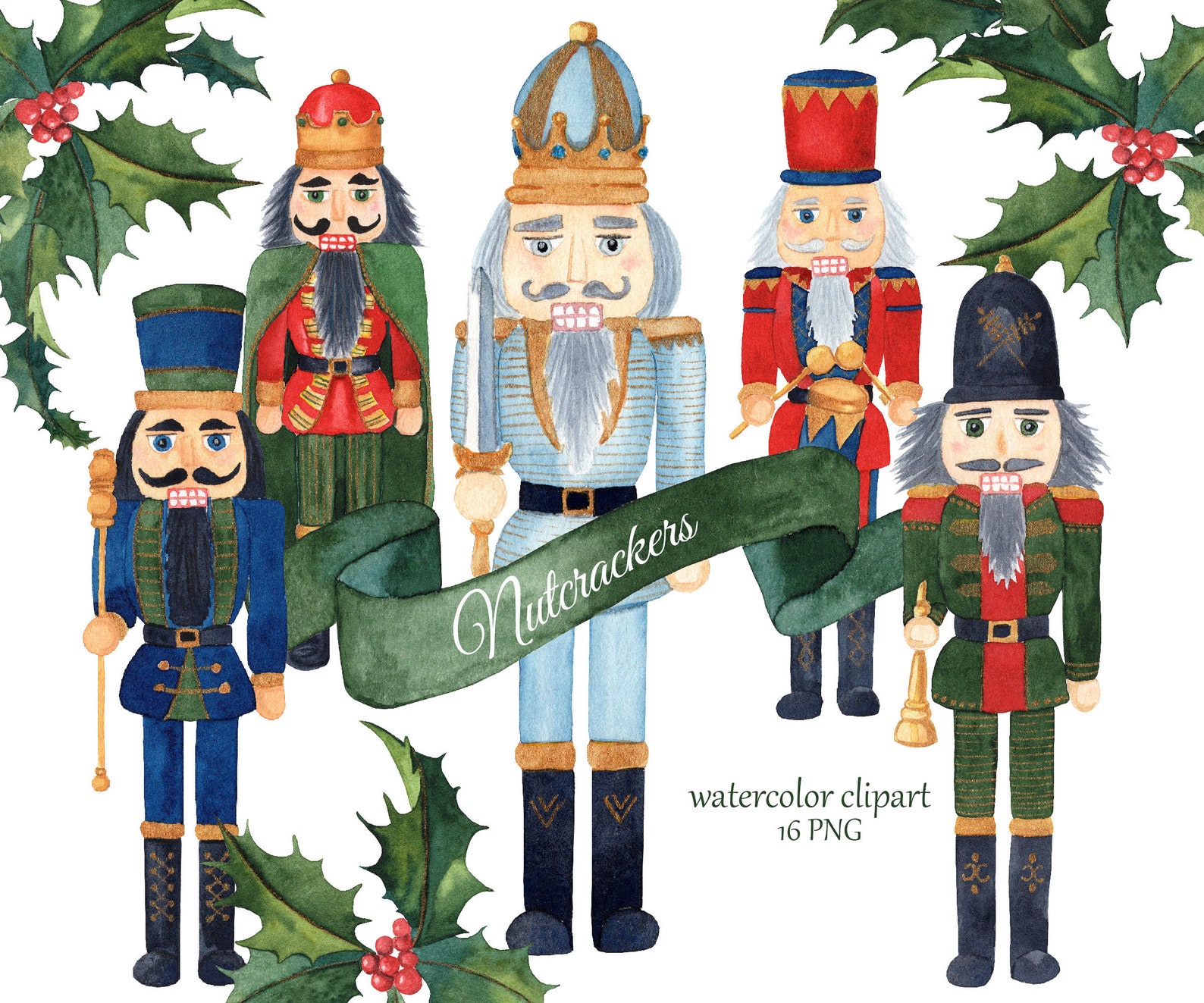 Watercolor Nutcrackers Christmas Clipart. Winter Greenery | Etsy
