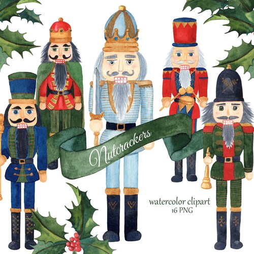 Watercolor Nutcrackers Christmas Clipart. Winter Greenery | Etsy