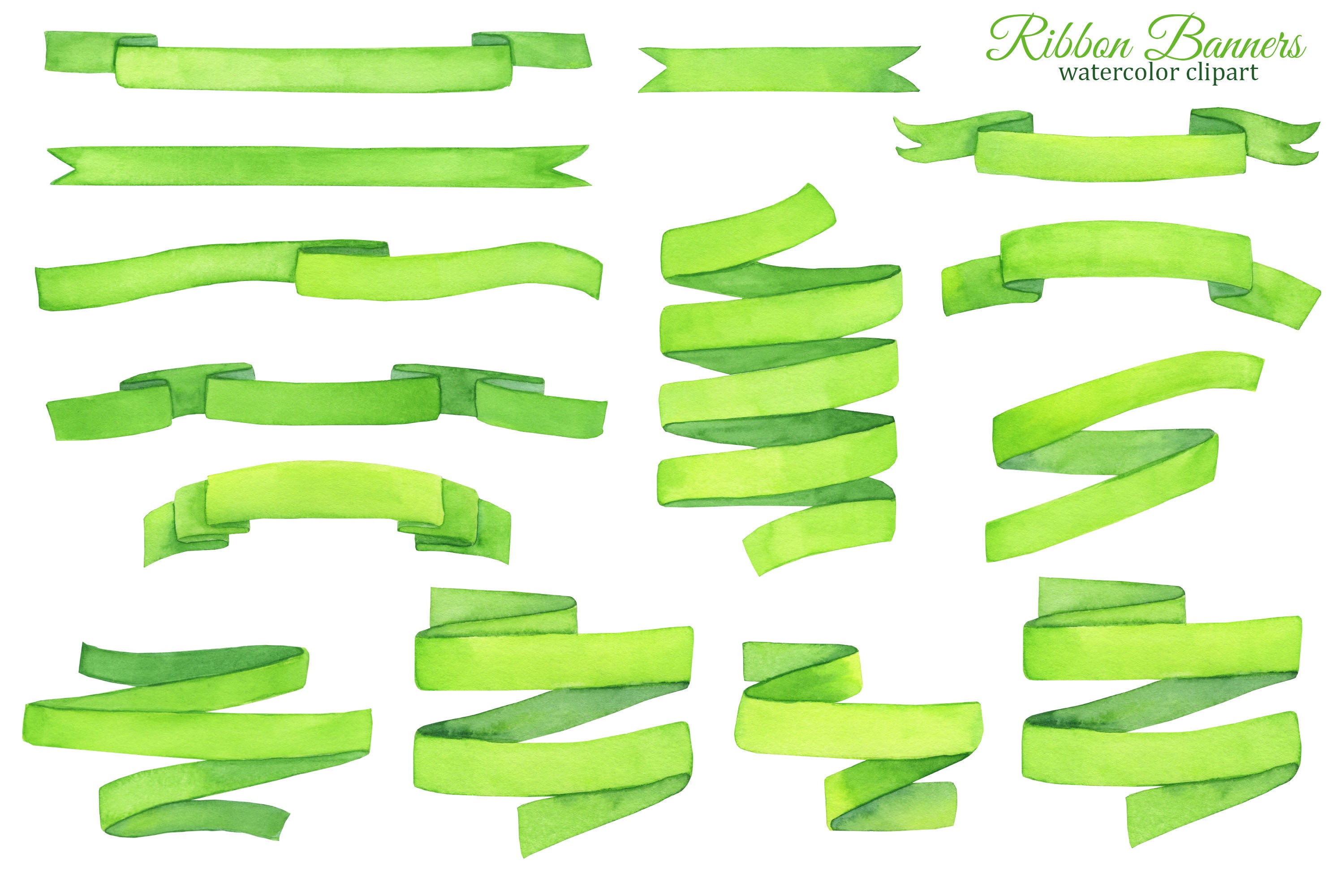 Green Ribbon Banners Watercolor Clipart, Ribbon PNG, Party Invitations ...