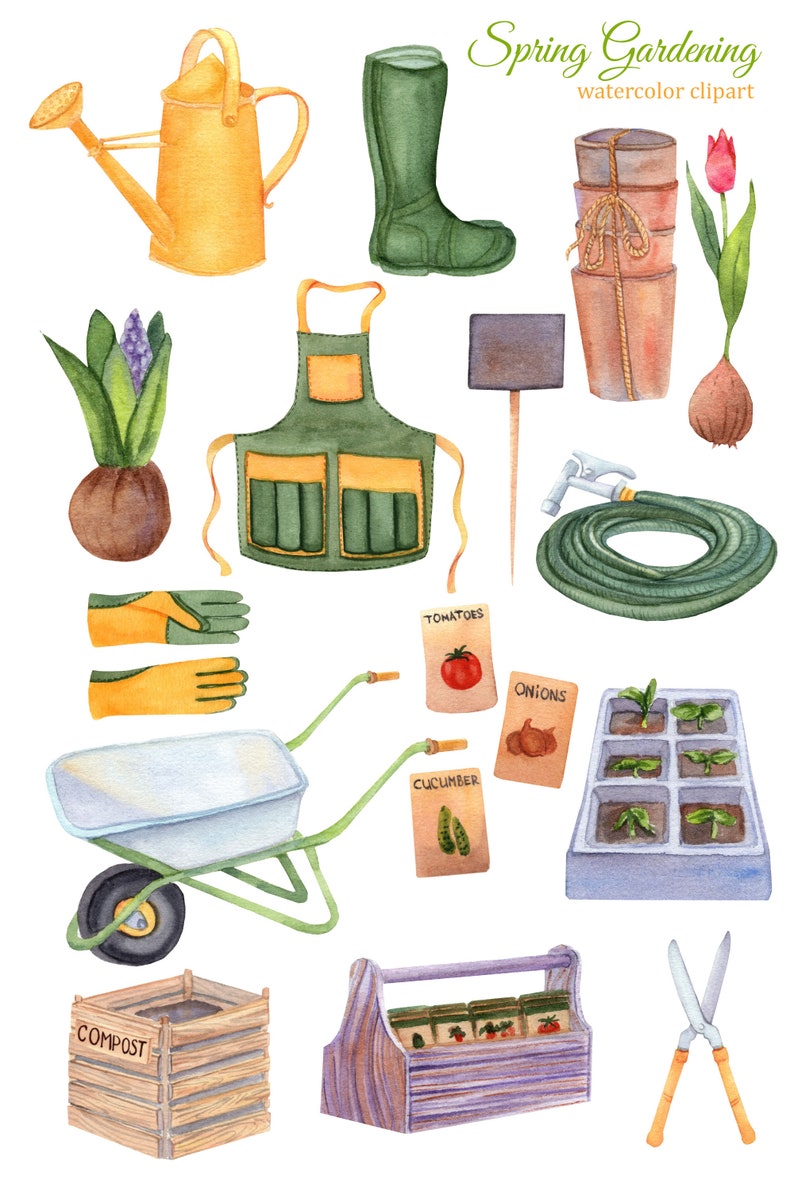 Spring Gardening Watercolor Clipart, Rustic Farmhouse, Sublimation PNG ...