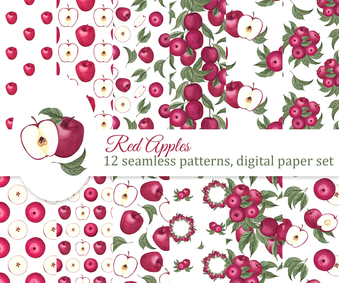 Red Apples Digital Paper Pack, Fall Seamless Pattern, Autumn Scrapbook ...