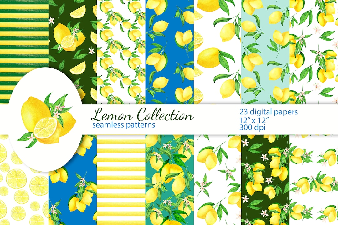 Lemon Digital Paper Pack. Watercolor Lemon Seamless Pattern Set - Etsy