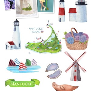 Nantucket Island Watercolor Clipart, Map Poster, Lighthouse Painting ...