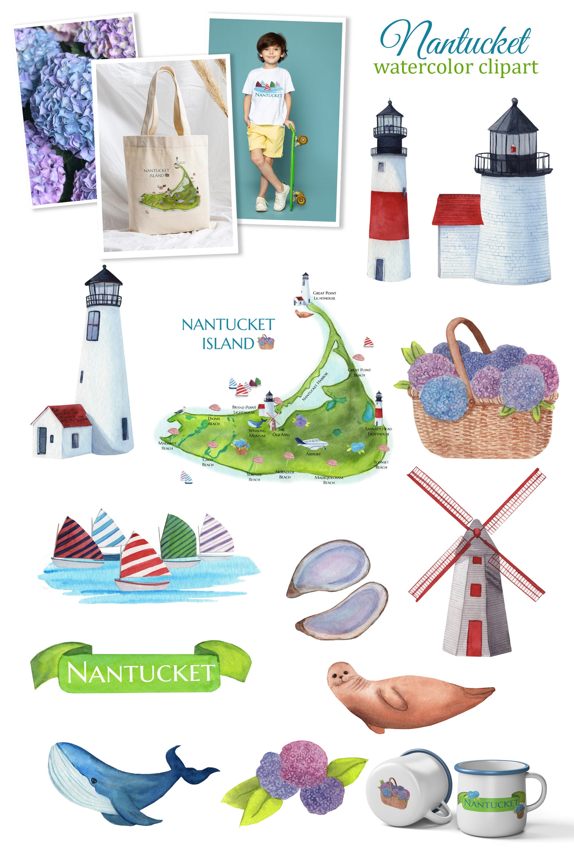 Nantucket Island Watercolor Clipart Map Poster Lighthouse - Etsy Canada