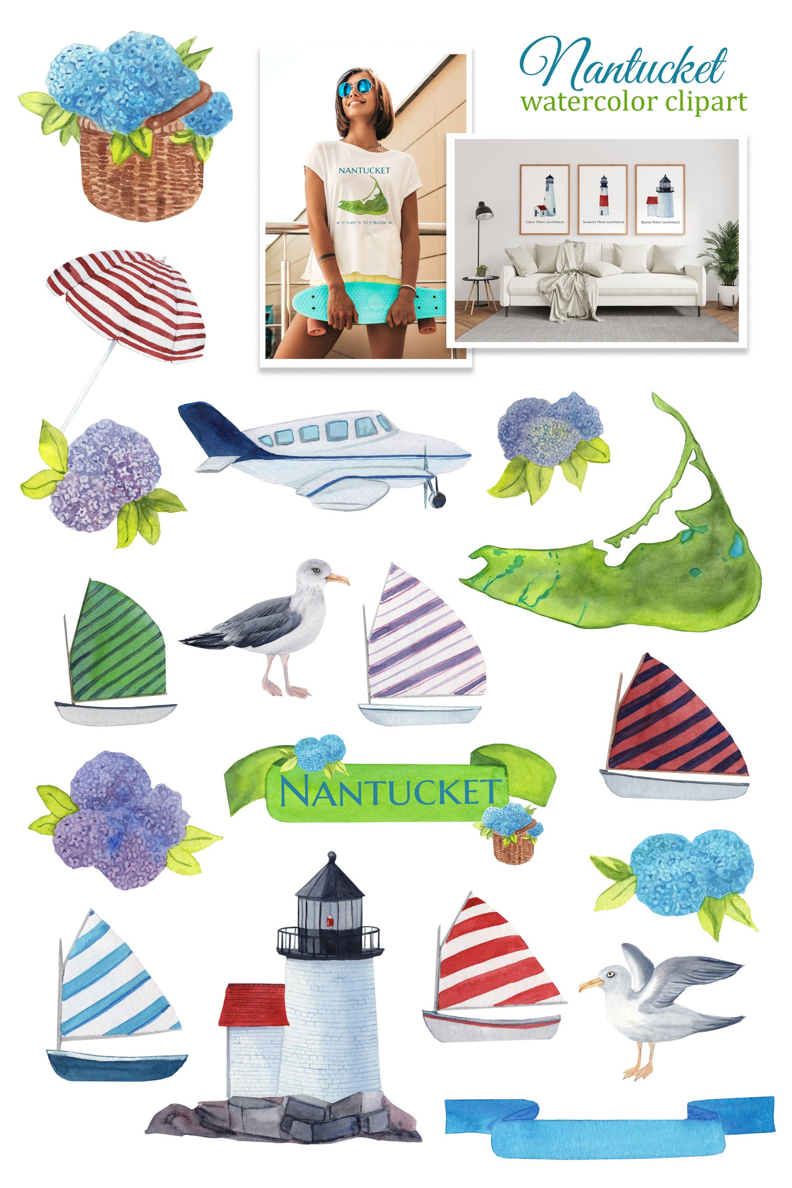 Nantucket Island Watercolor Clipart, Map Poster, Lighthouse Painting ...