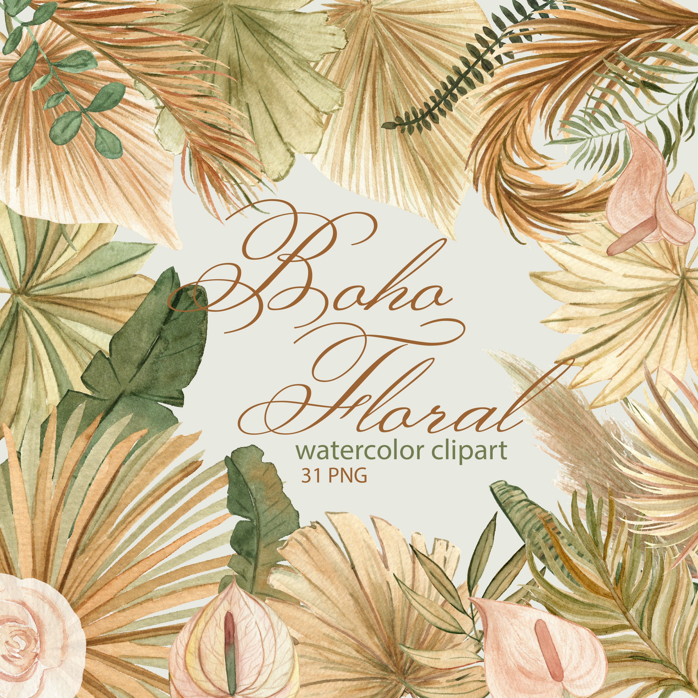 Boho Floral Clipart. Watercolor Dried Palm Leaves and Flowers - Etsy