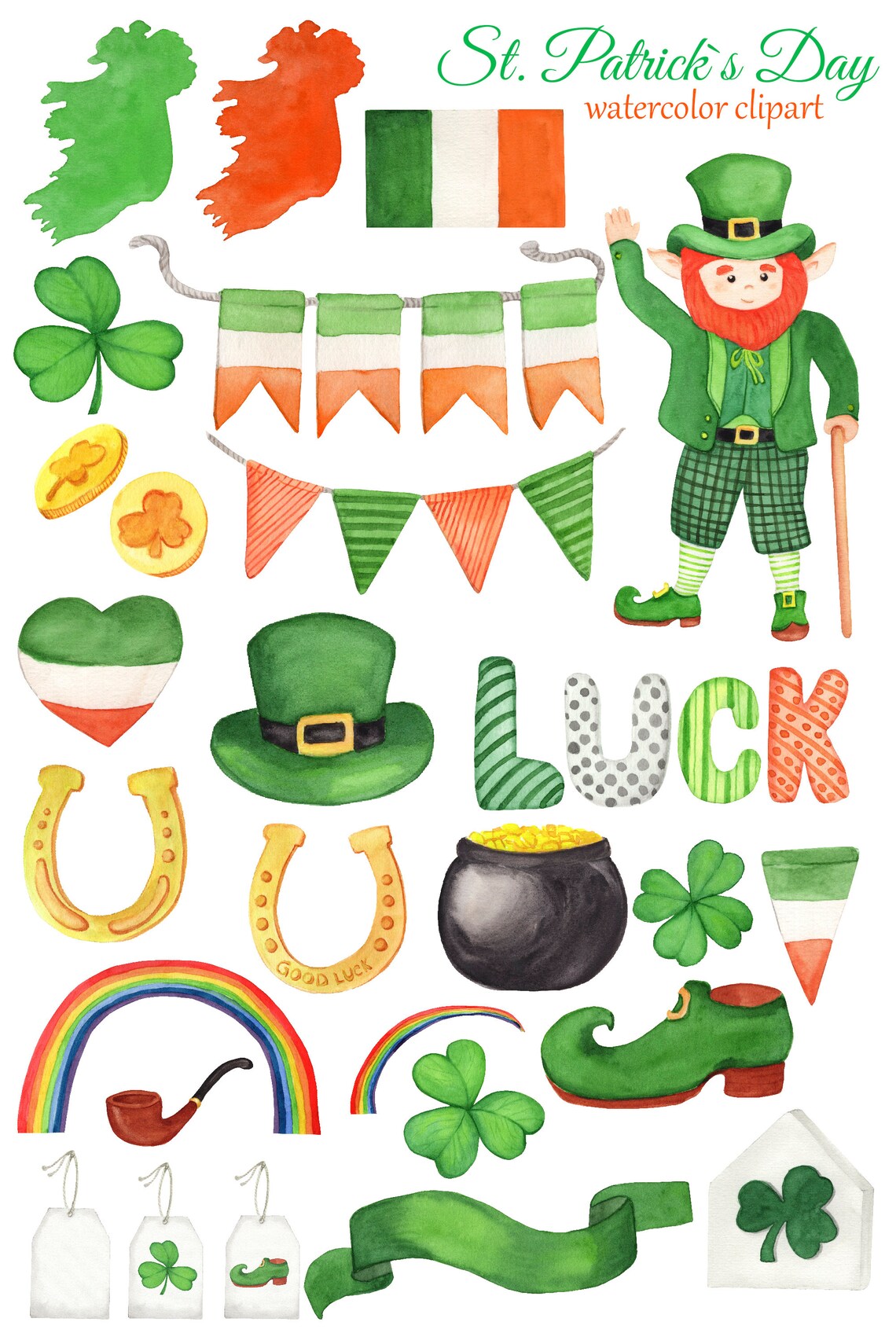 St. Patricks Day Watercolor Clipart, Irish Clipart, Lucky Shamrock ...
