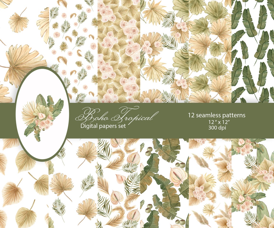 Watercolor Boho Tropical Seamless Digital Papers Set. Dried Palm Leaves ...