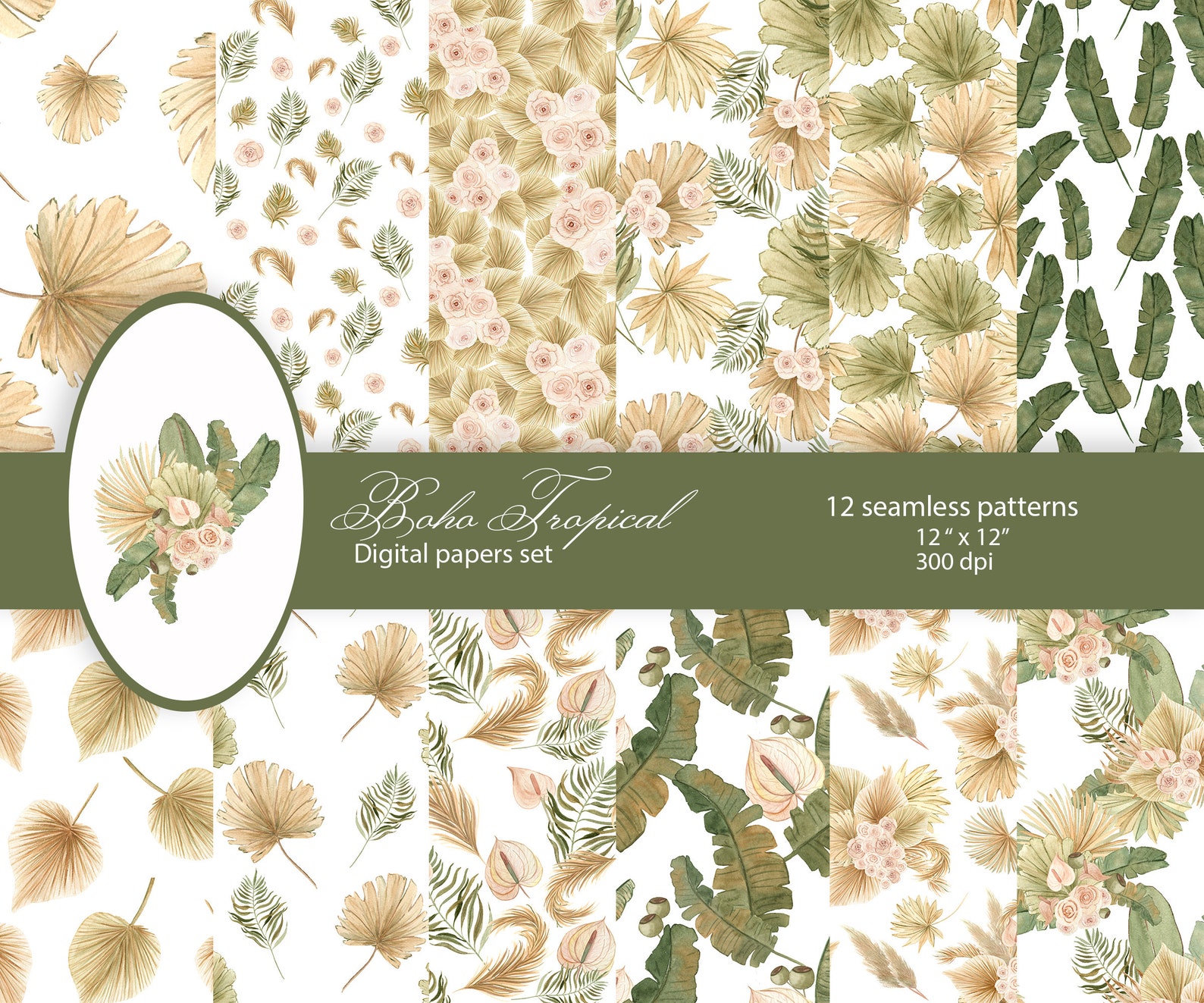 Watercolor Boho Tropical Seamless Digital Papers Set. Dried Palm Leaves ...
