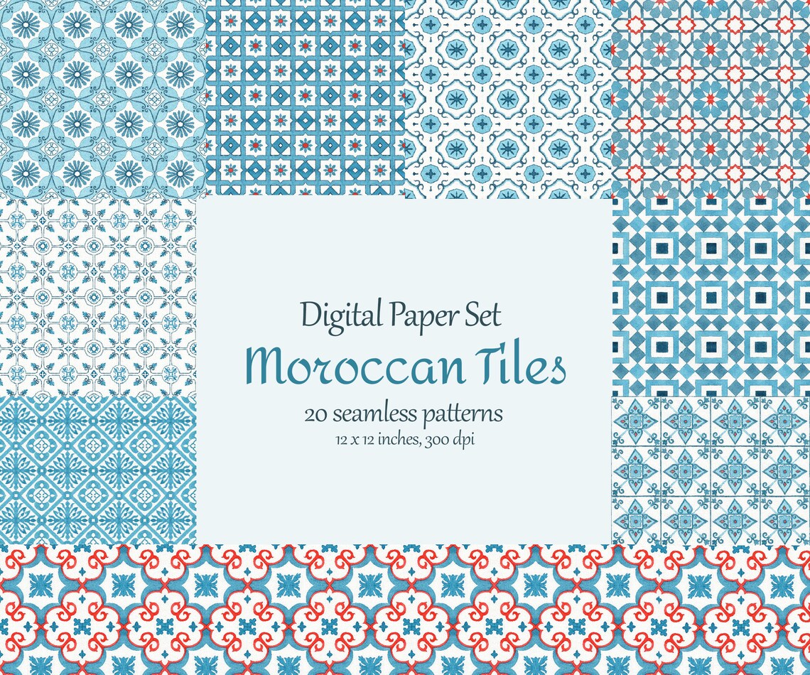 Watercolor Moroccan Tiles Seamless Pattern. Blue Tile Mosaic Digital ...
