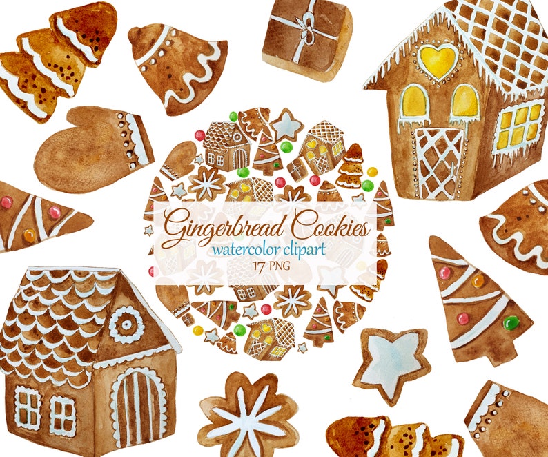 Christmas Gingerbread Cookie Clipart. Watercolor Gingerbread House ...