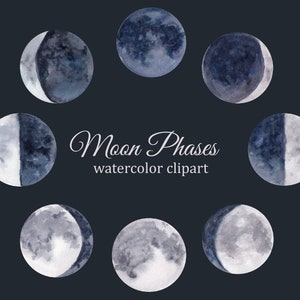 Moon Phases Watercolor Clipart, Lunar Cycle, Celestial Clip Art - Etsy