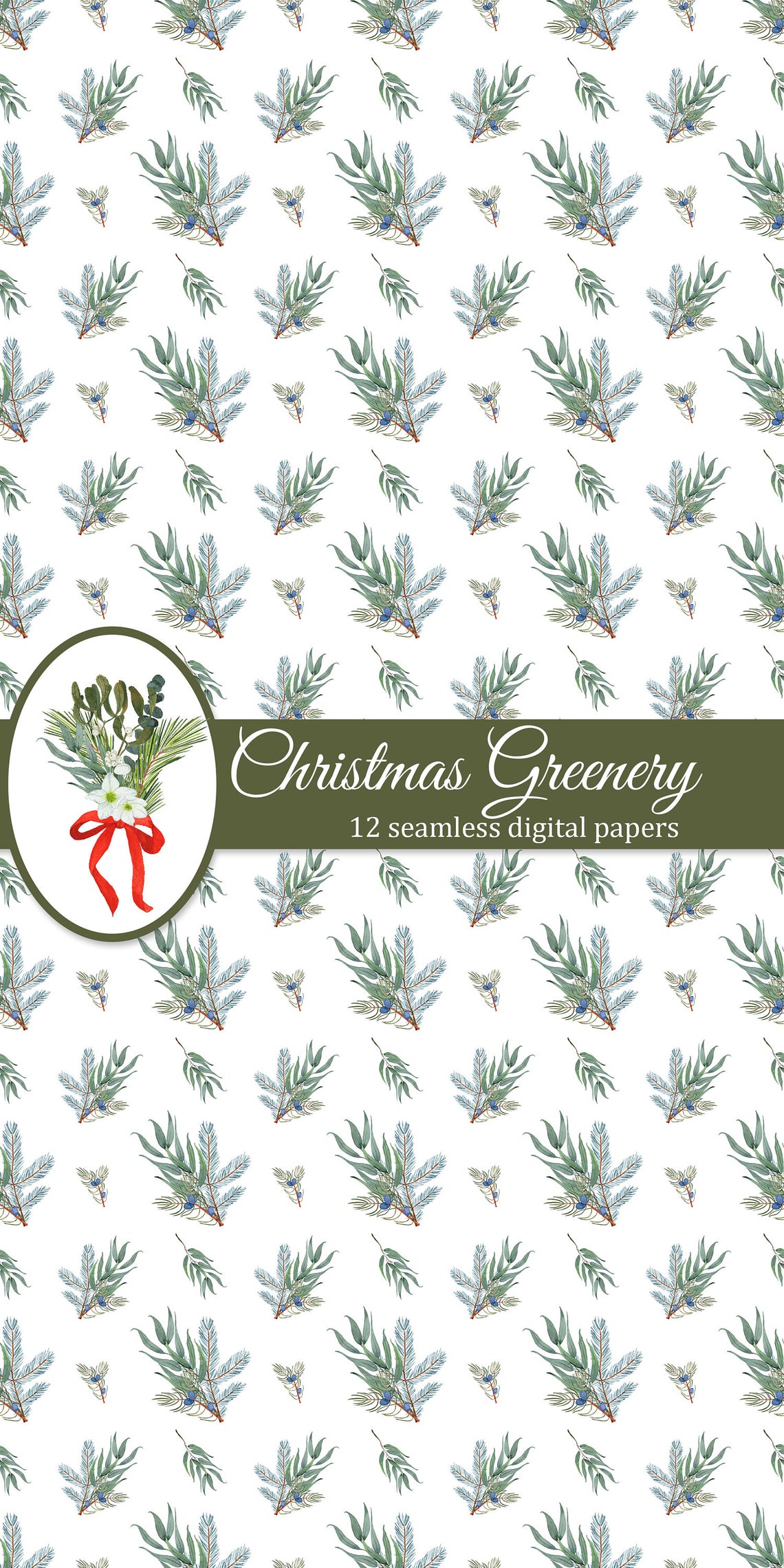 Christmas Floral Digital Papers Pack Winter Greenery and | Etsy