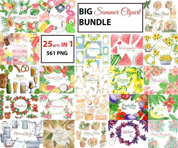 Big Summer Watercolor Clipart Bundle. Boho Tropical Clipart. | Etsy