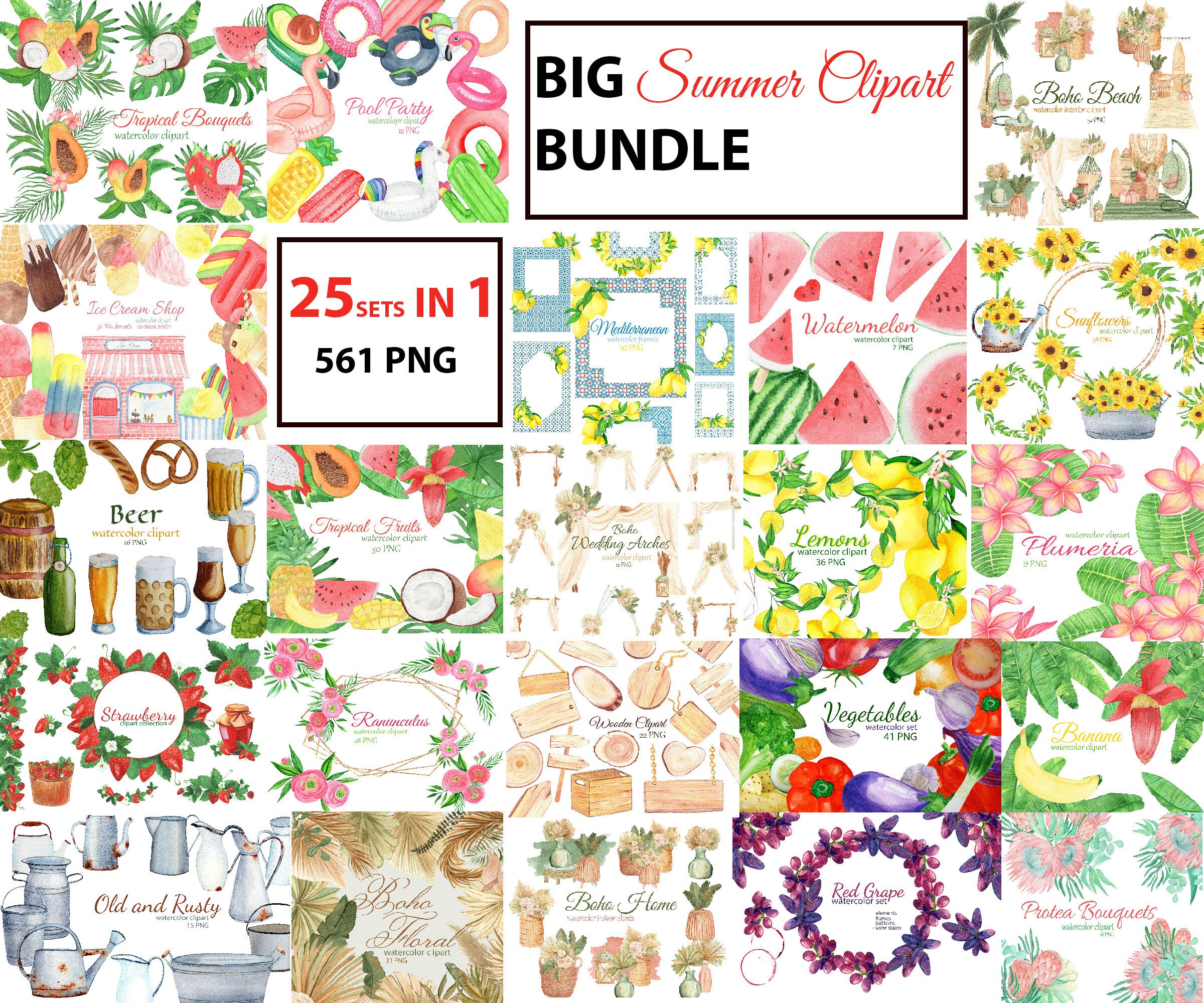 Big Summer Watercolor Clipart Bundle. Boho Tropical Clipart. Fruits ...