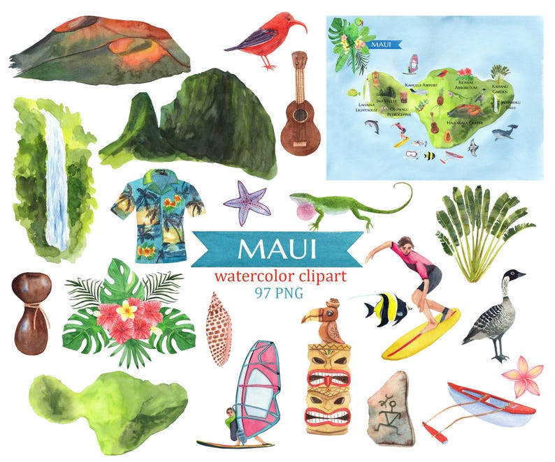 Maui Hawai Island Watercolor Map Creator Clipart. Tropical Island ...