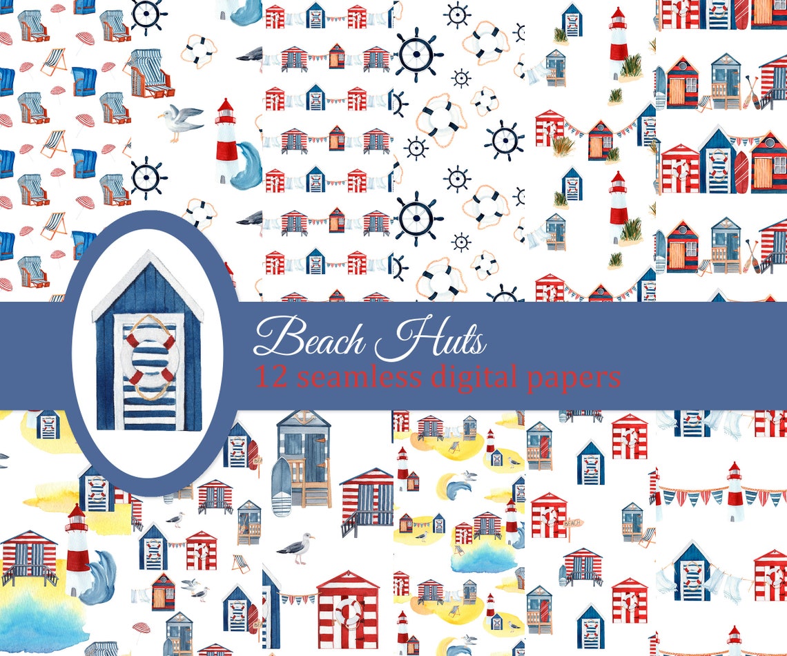 Beach Huts Digital Papers Set, Ocean Seamless Pattern, Nautical ...