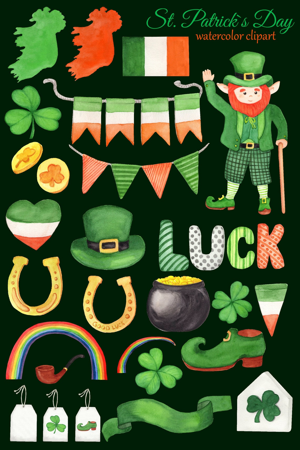 St. Patricks Day Watercolor Clipart Irish Clipart Lucky - Etsy