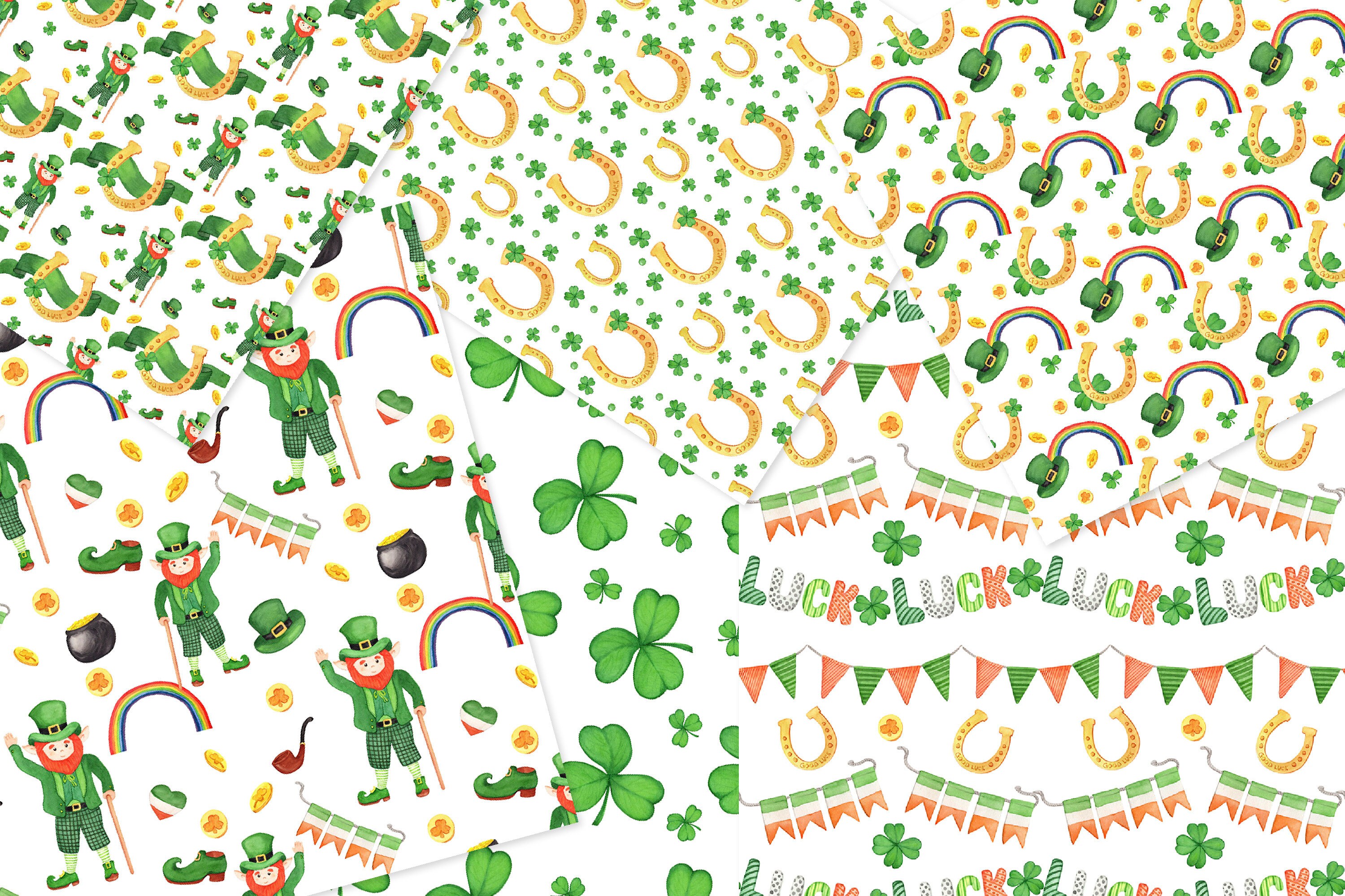 St. Patrick's Day Digital Papers Set, Seamless Pattern With Leprechaun ...