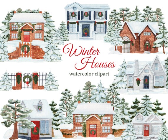 Watercolor Winter House Clipart Christmas Tree PNG Christmas - Etsy