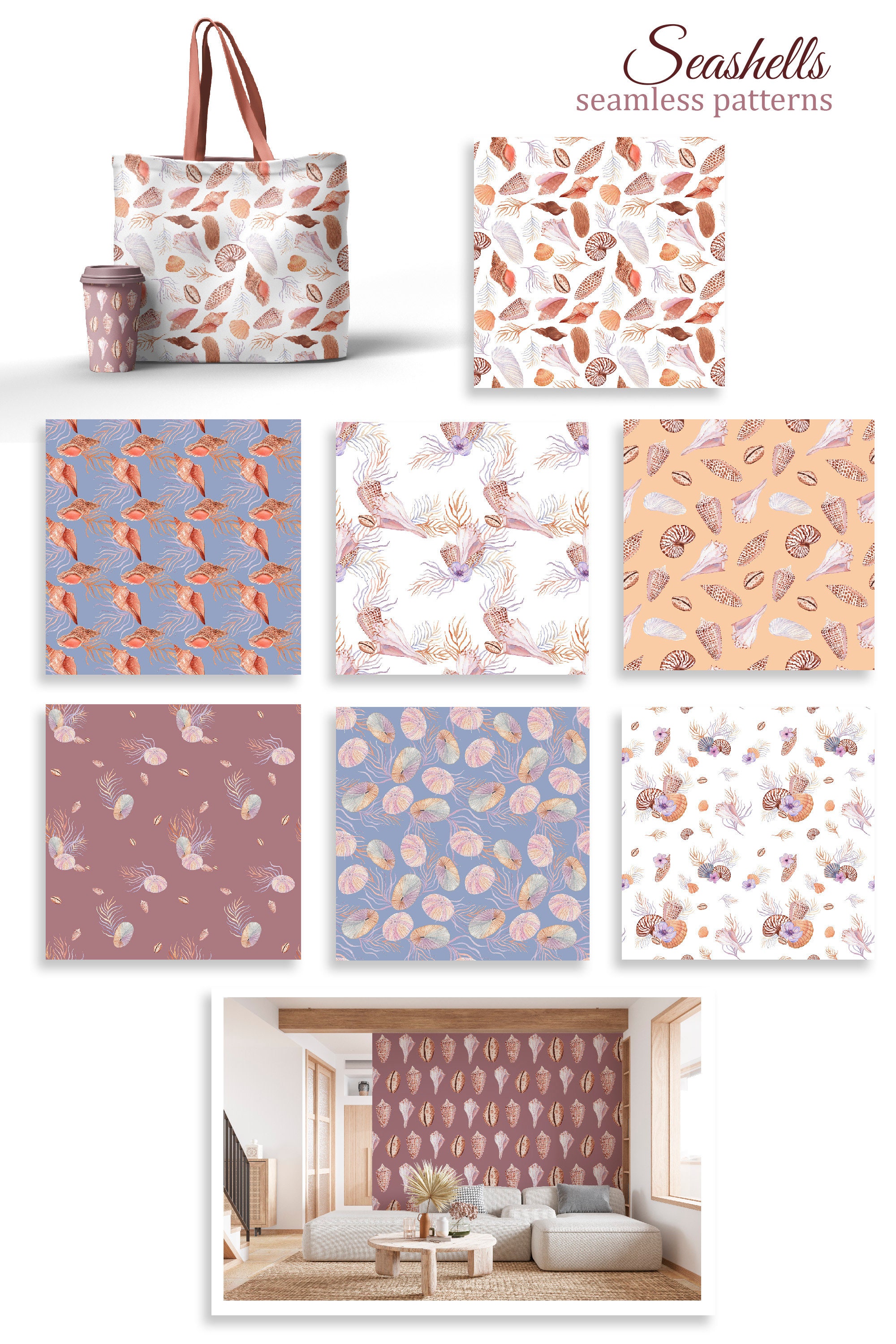 Seashells Digital Papers Set Ocean Seamless Pattern Nautical - Etsy