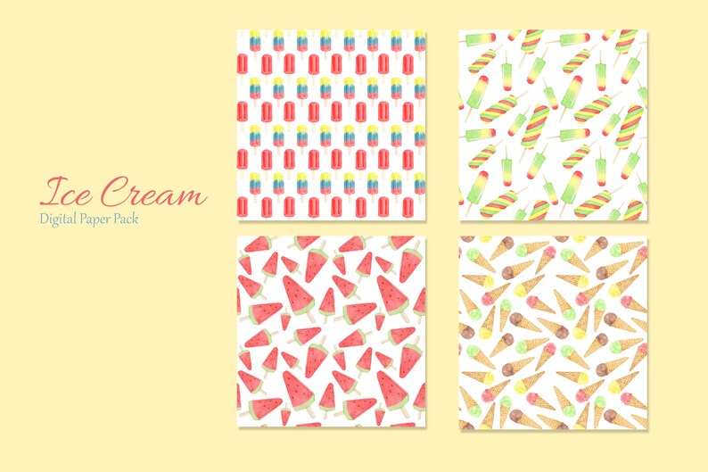 Watercolor Ice Cream Digital Paper. Popsicle Seamless Pattern ...