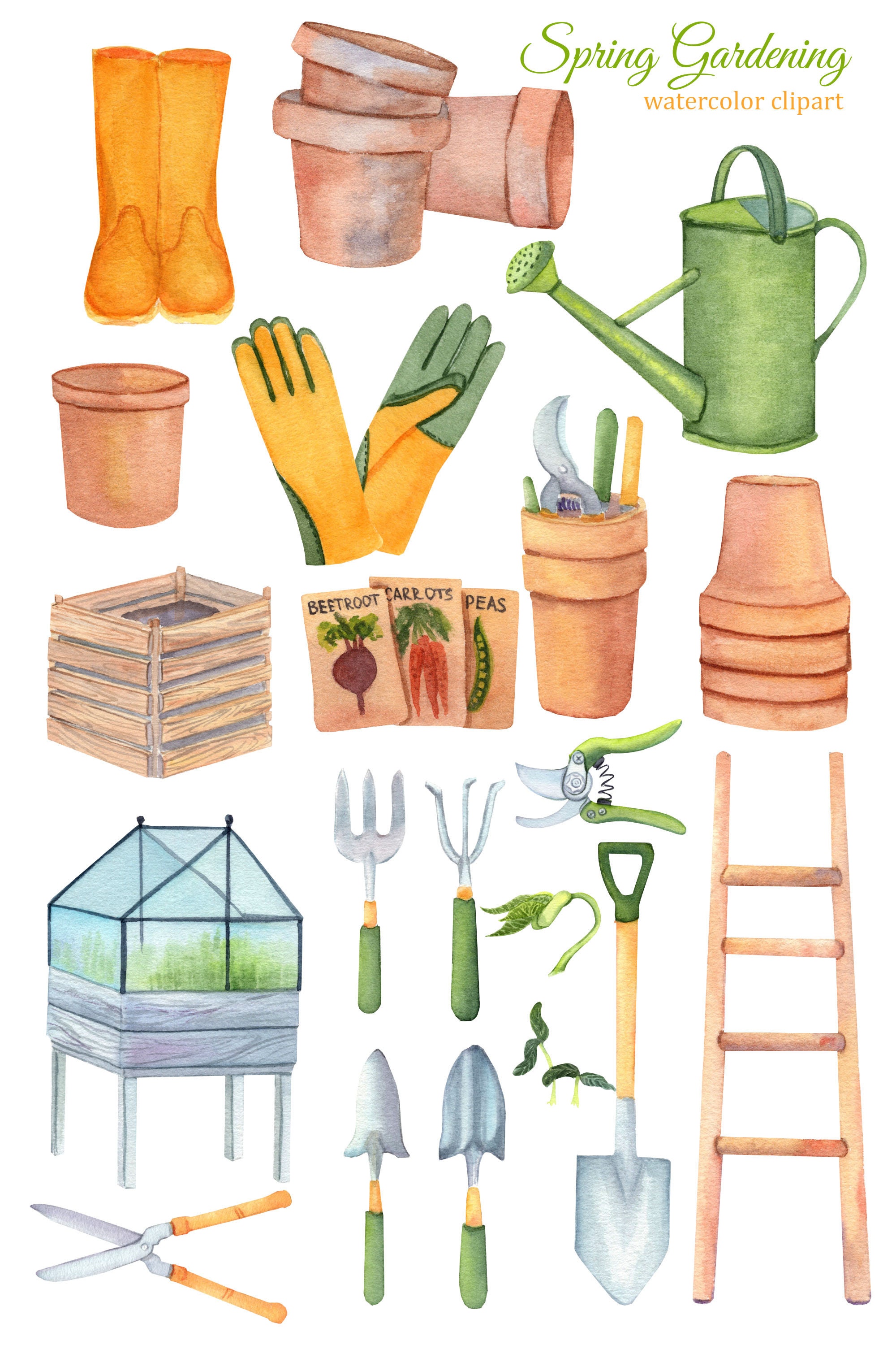 Spring Gardening Watercolor Clipart, Rustic Farmhouse, Sublimation PNG ...