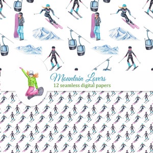 Skiing and Snowboarding Digital Papers Pack, Winter Seamless Pattern ...
